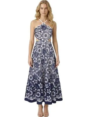 MODENAIRE Halterneck Dress With Vintage Embroidery And Cutout Waist - Blue