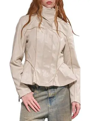 AZALEA WANG Textured Faux Leather Peplum Moto Jacket - Bone