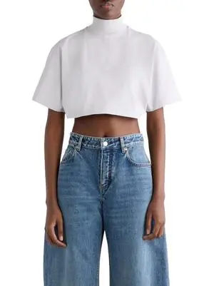 Alaïa Cotton Jersey Mock Neck Cropped Top - Gris Perle