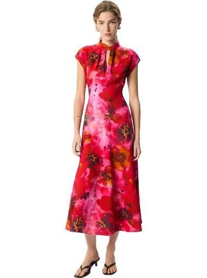 WHISTLES Whistles Painterly Floral Keyhole Neck Midi Dress