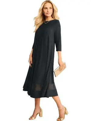 Roaman's Roaman's 3/4 Sleeve Mesh Inset Boatneck Dress Black