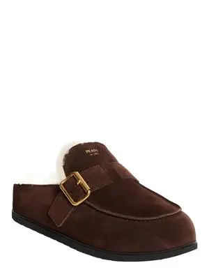 Prada Genuine Shearling Buckle Mule - Moro