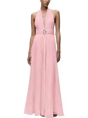 NOCTURNE Pleated Halterneck Maxi Dress With Brooch Detail - Pink