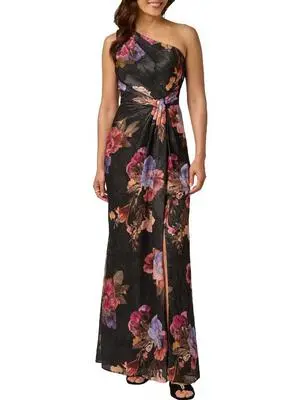 Adrianna Papell One-shoulder Floral Chiffon Gown - Black Multi