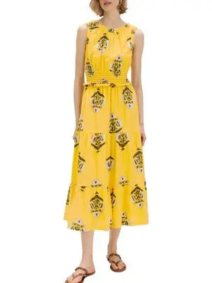 M&s Floral Pintuck Midi Dress - Yellow/multi