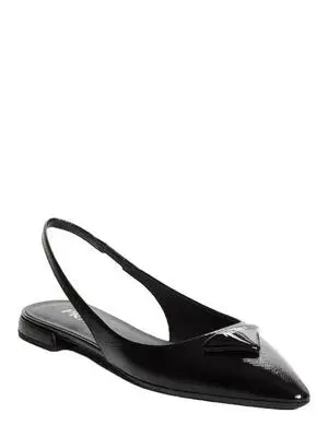 Prada Puffy Logo Slingback Ballet Flat In Patent Calfskin - Nero