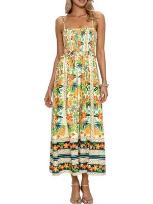 PS BY CUPSHE Tropical Print Smocked Midi Dress - Orange