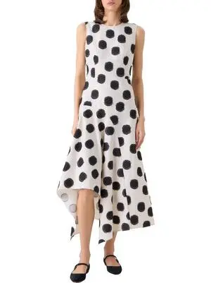 Akris Akris Punto Polka Dot Jacquard Asymmetric Fit & Flare Dress Cream-black