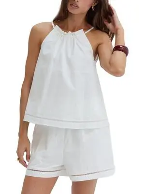 CRESCENT Poplin Lattice Trim Halter Top - White