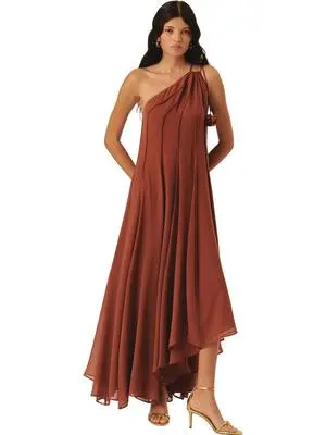 EXQUISE Asymmetrical One-shoulder Chiffon Maxi Dress - Brown
