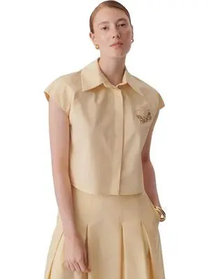 EXQUISE Hallie Embroidered Cotton Crop Shirt - Light Yellow