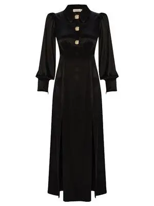 EXQUISE Alivia Midi Dress With Button Detail And Slit - Black