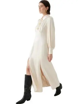 EXQUISE Alivia Midi Dress With Button Detail And Slit - Ecru