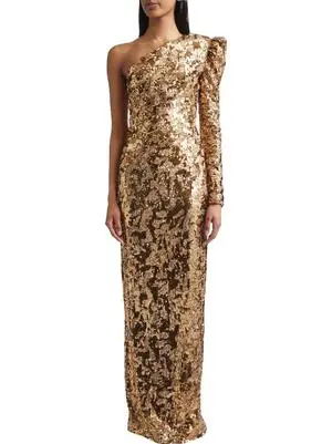 St. John Sabrina Stretch Sequin One-shoulder Gown - Copper