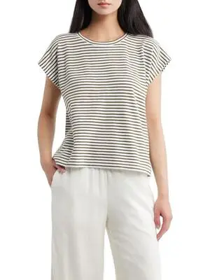 Eileen Fisher Striped Organic Cotton Dolman Sleeve Top - Olive