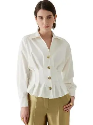 EXQUISE Agustin Cotton Shirt With V-neck And Long Sleeves - Bone