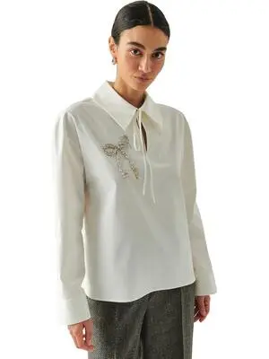 EXQUISE Bloom Long Sleeve Blouse With Bow Detail - Ecru