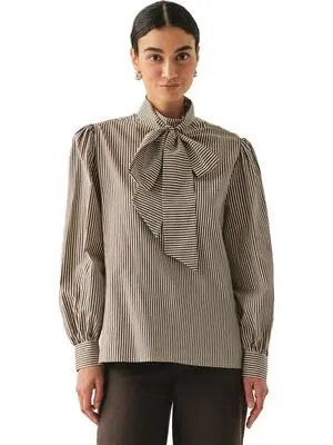EXQUISE Striped Tie Neck Long Sleeve Blouse - Brown-bone