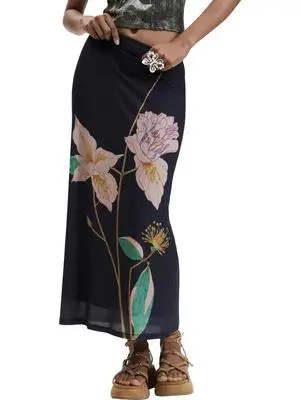Desigual Floral Print Jersey Maxi Skirt - Black