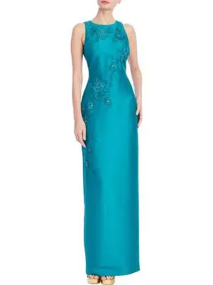 Badgley Mischka Beaded Floral Appliqué Mikado Sheath Gown - Teal