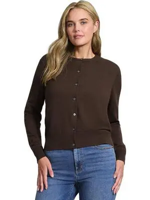LANDS' END Fine Gauge Cotton Crew Neck Cardigan Sweater - Rich Coffee