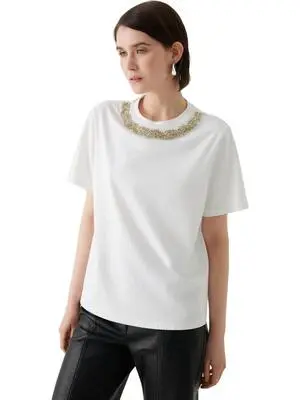 EXQUISE Gianna Embellished Neck T-shirt - Ecru