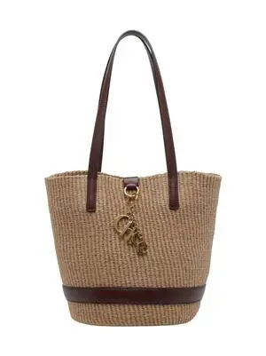 Chloé Chloe Raffia Basket Bag With Leather Trim And Logo Charm Multicolor