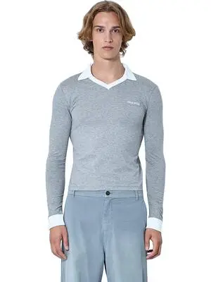 Miu Miu Long Sleeve Knit Sweater With Contrast Collar And Cuffs - Gray