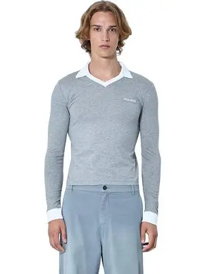 Miu Miu Long Sleeve Knit Sweater With Contrast Collar And Cuffs - Gray