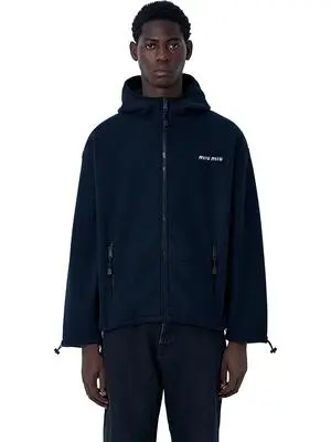 Miu Miu Fleece Hooded Sweatshirt With Logo Motif - Blue