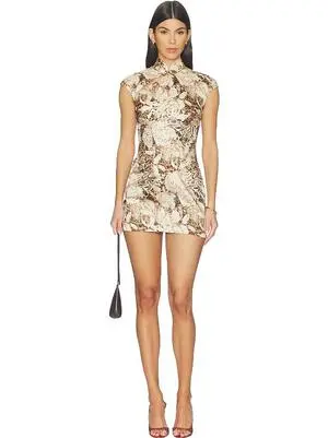 SAU LEE Cap Sleeve Mandarin Collar Printed Mini Dress - Brown