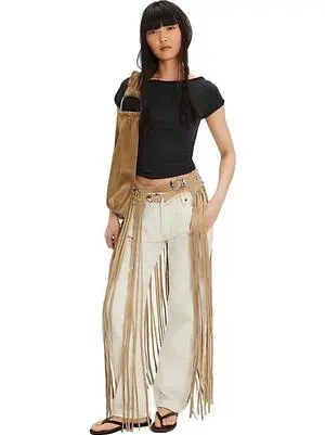 UNDERSTATED LEATHER Studded Suede Maxi Skirt Belt With Fringe - Dust
