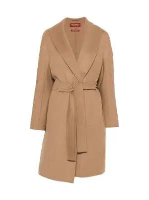 Max Mara Camel Brown Shawl Lapel Belted Coat - Multicolor
