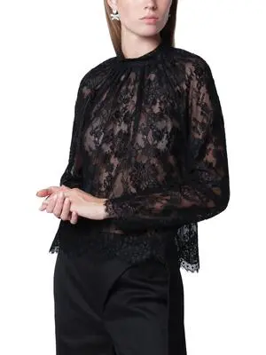 SELF-PORTRAIT High Neck Long Sleeve Lace Blouse - Black
