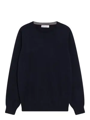 Brunello Cucinelli Navy Cashmere Crewneck Sweater With Contrast Trim - Blue