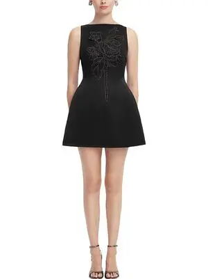 LEO LIN Ali Applique Boat Neck Mini Dress - Ebony