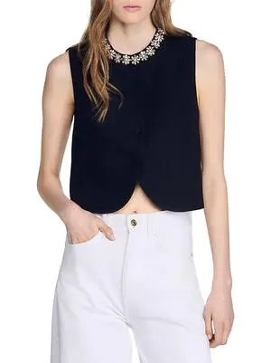 Sandro Jeweled Neckline Cropped Jacket - Black