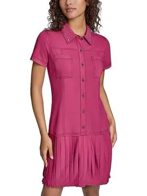 Karl Lagerfeld Paris Button Front Pleated Dress - Currant