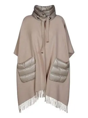 Herno Cozy Poncho With Down-filled Pockets And Fringe Detail - Beige