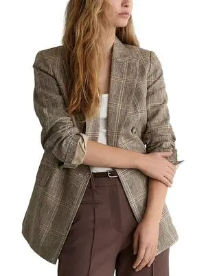 REISS Petite Sybil Double Breasted Checked Linen Blazer - Neutral Check