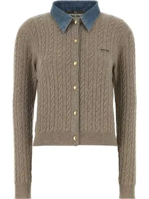 Miu Miu Wool Blend Cardigan With Denim Collar - Brown