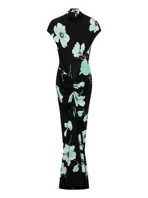 Alaïa Sakura Print Draped Jersey Maxi Dress - Black