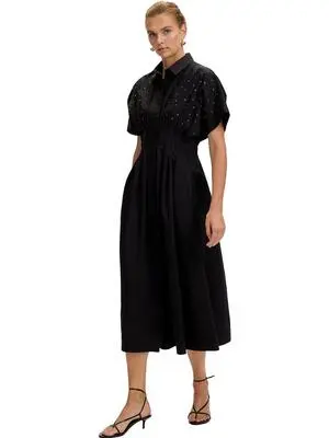 EXQUISE Embellished Shirt Collar Midi Dress - Black