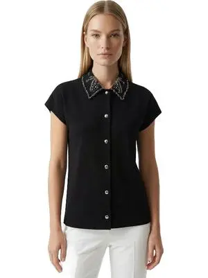 EXQUISE Sleeveless Regular Fit Embroidered Shirt - Black