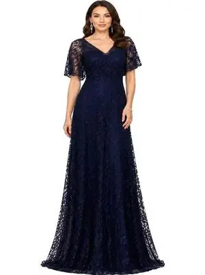 LARA NEW YORK Elegant Cape Sleeve A-line Gown - Navy