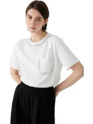 EXQUISE Embroidered Neckline Cotton T-shirt - Bone