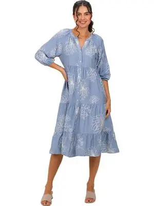 PINKBLUSH Embroidered Tiered Midi Shirt Dress - Blue