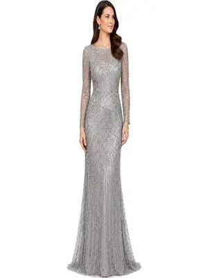 LARA NEW YORK High Neck Long Sleeve Beaded Gown - Medium Grey