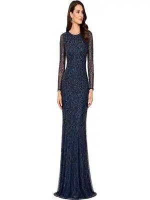 LARA NEW YORK High Neck Long Sleeve Beaded Gown - Navy