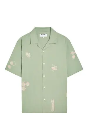 WAX LONDON Didcot Embroidered Seersucker Shirt - Sage